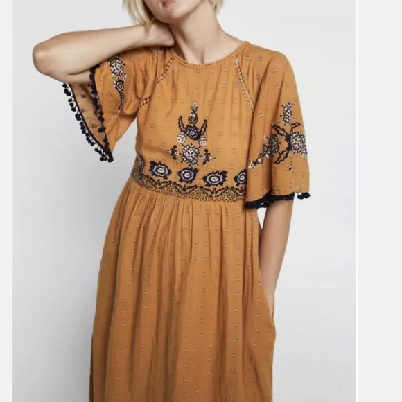 Zara | Dresses | Nwt Zara Mustard Embroidered Midi Dress | Poshmark